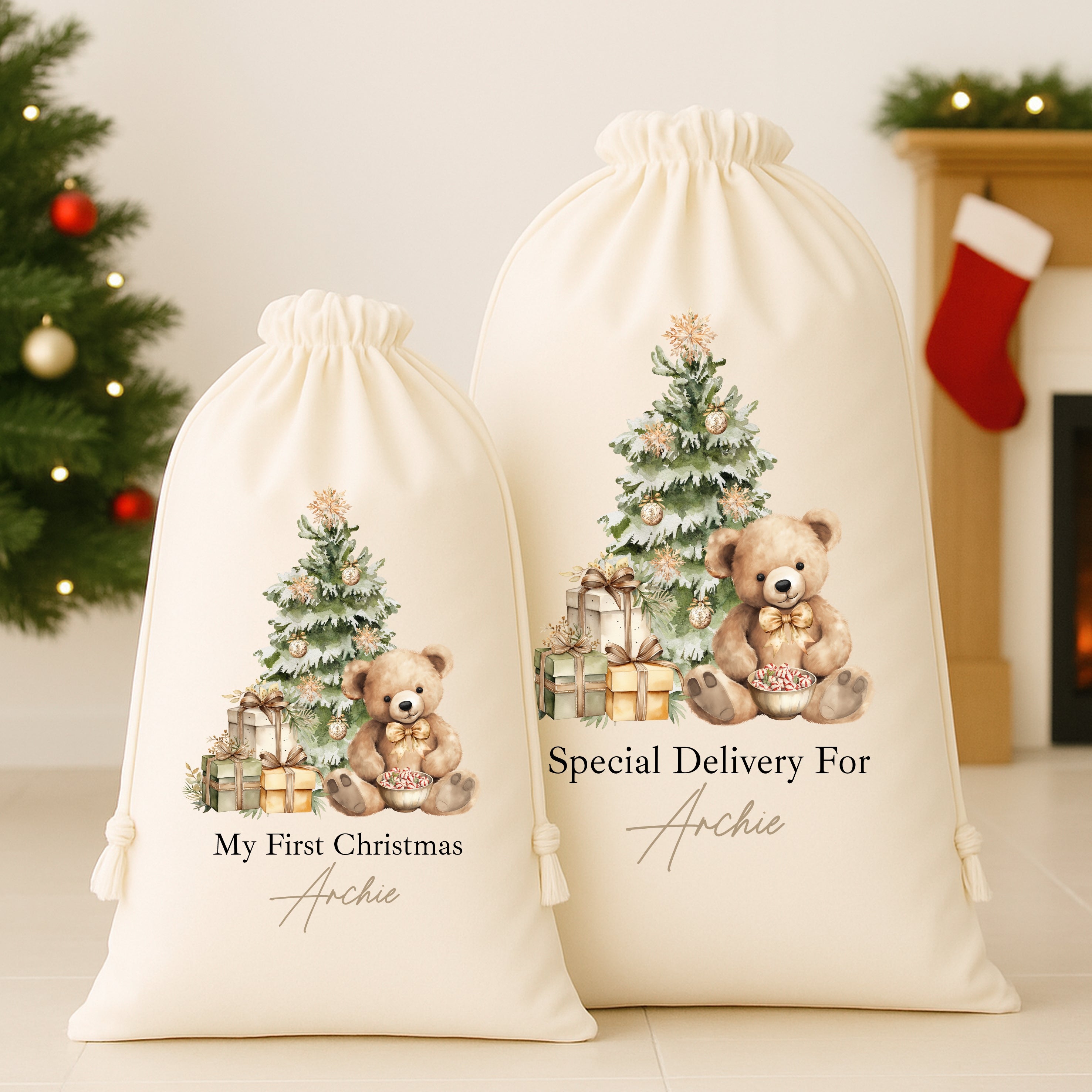 Personalised Beige Teddy Christmas Canvas Santa Sack – allaboutthebump