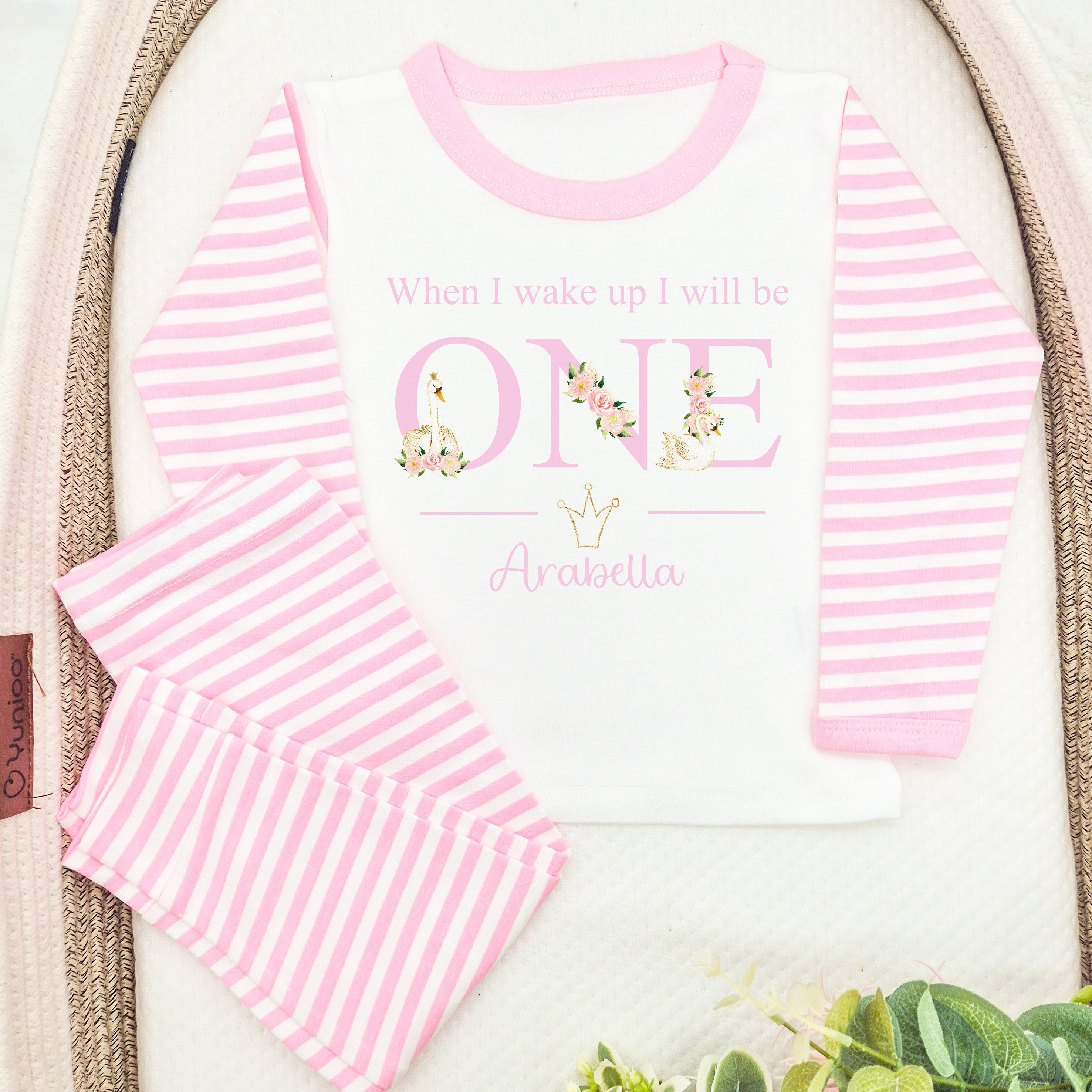 Personalised When I wake up Swan Pink Stripe Birthday Pyjamas ...